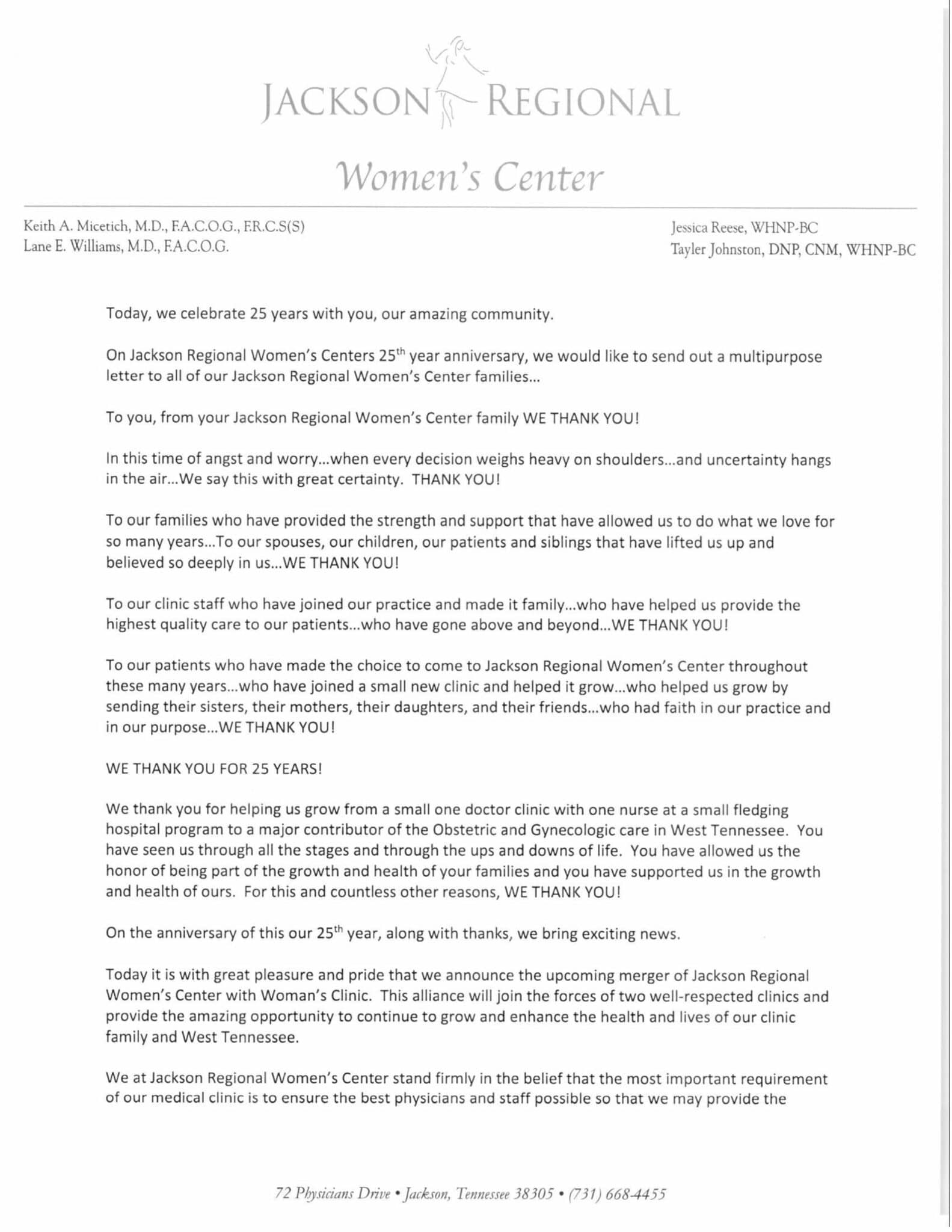 Merger Announcement | Celebrating 25 Years - Woman's Clinic PA